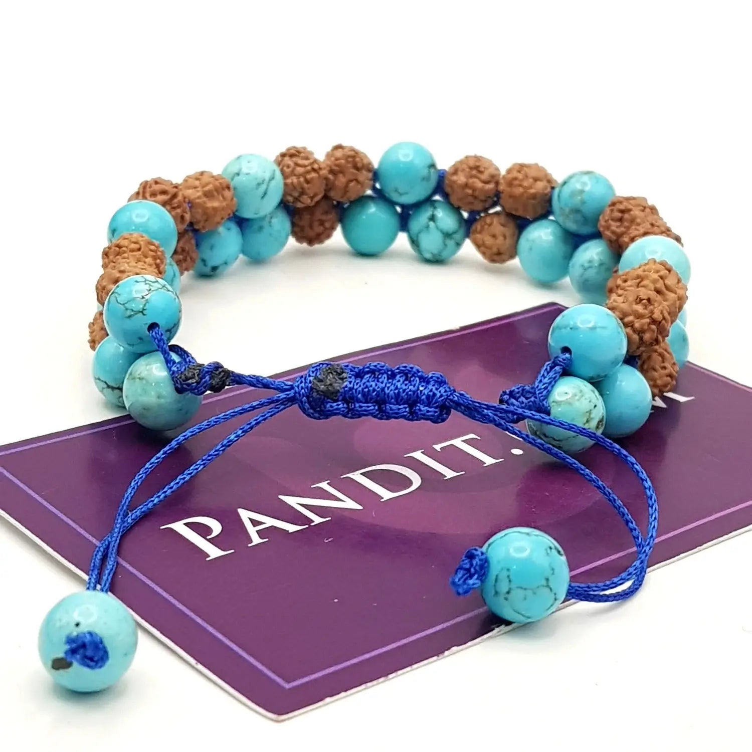 Blue Magnesite Turquoise Bracelet With 5 Mukhi Rudraksha Beads - Pandit.com