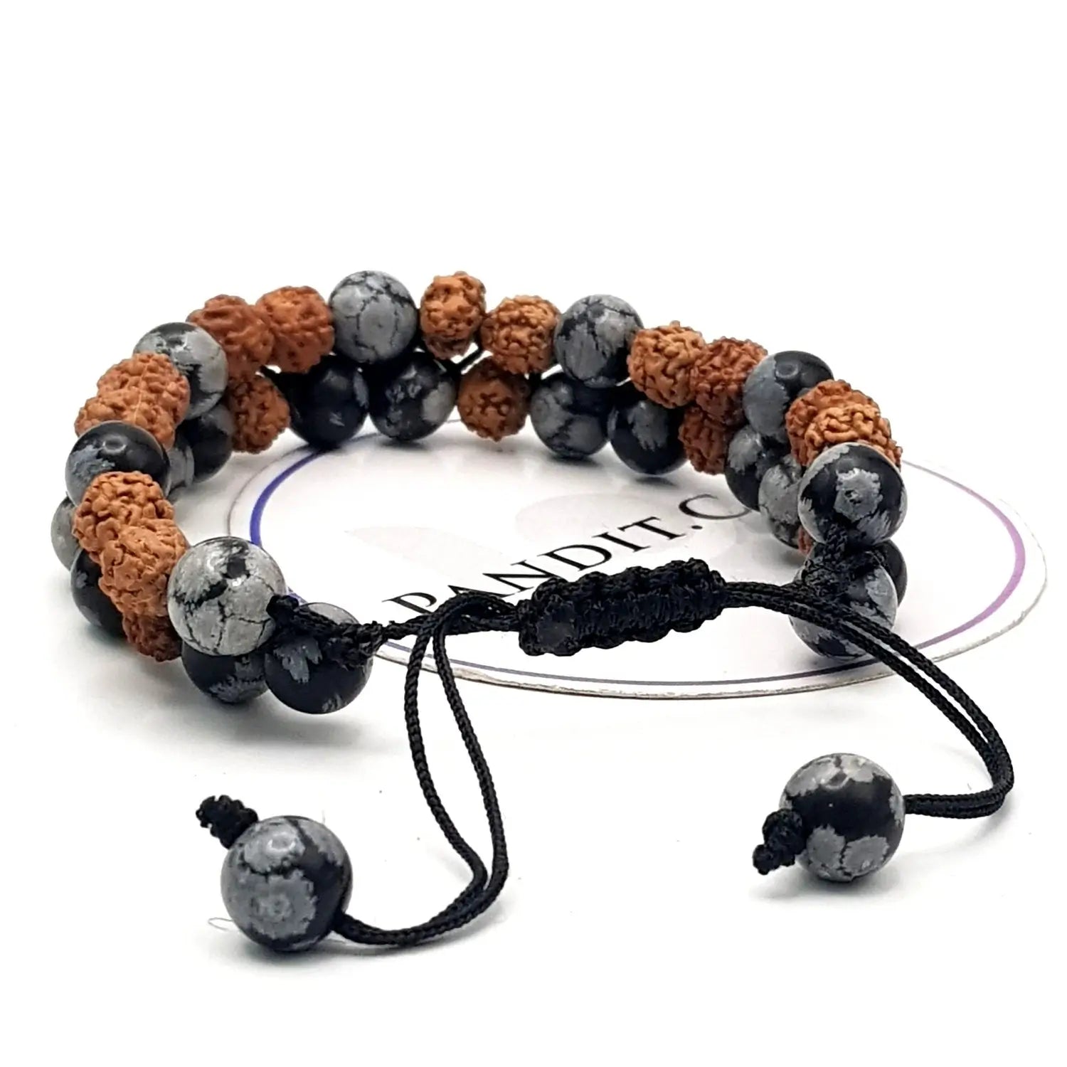 Snowflake Obsidian Bracelet With 5 Mukhi Rudraksha Beads - Pandit.com